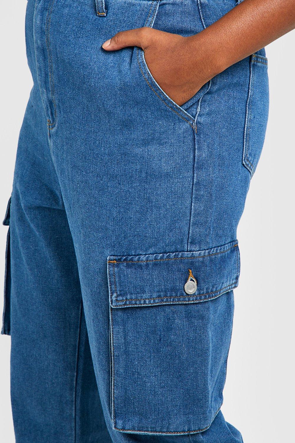 Plus High Waisted Denim Cargo Joggers | boohoo USA Plus High Waisted Denim Cargo Joggers | boohoo USA